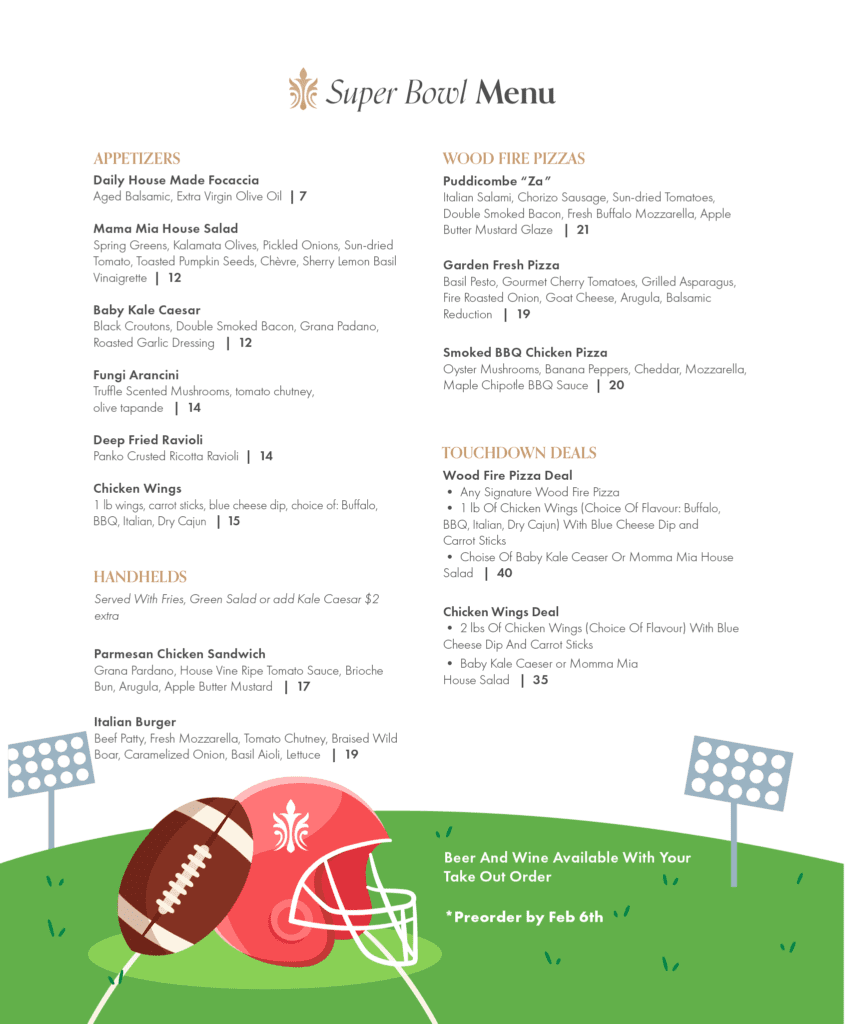 Super Bowl Menu Puddicombe House